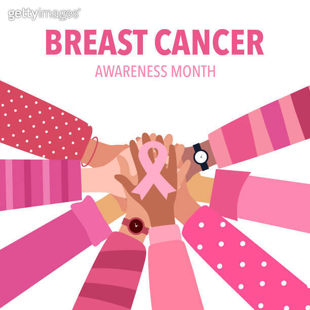 Hands Joined Holding Pink Ribbon Logo In Flat Design Breast Cancer
