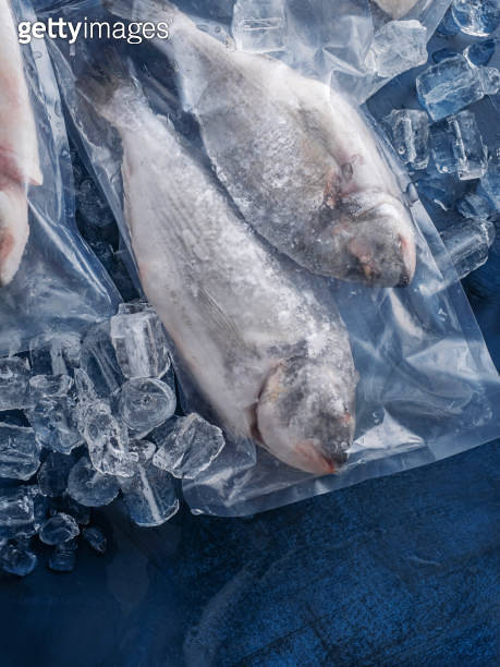 Frozen gilthead bream fish inside a plastic packaging. Bream fish in ...