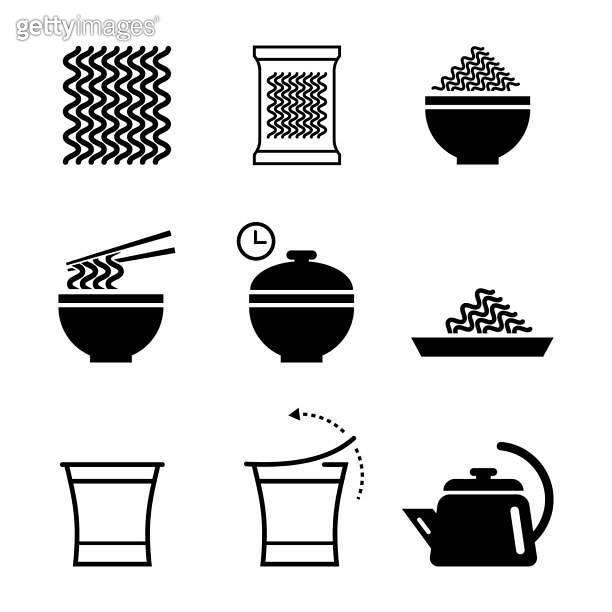 Instant noodles vector icons set. Step by step preparation signs for ...