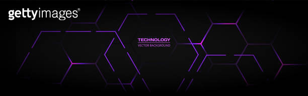 Technology black wide vector abstract background with purple hexagonal ...
