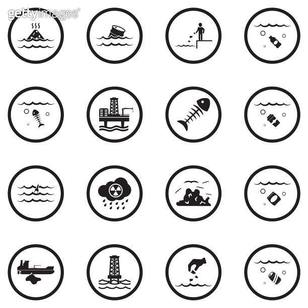 Water Pollution Icons. Black Flat Design In Circle. Vector Illustration ...