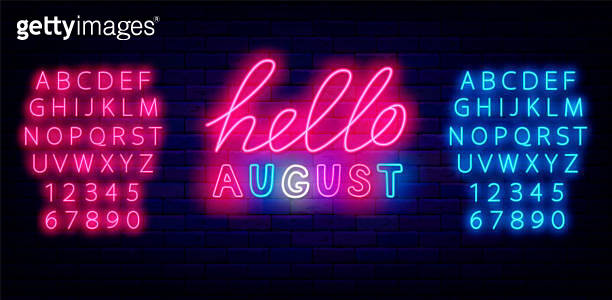 Hello August neon label. Season summer greeting card. Shiny turquoise ...