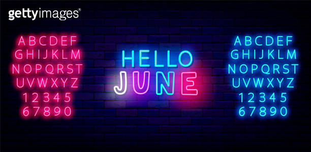 Hello June neon label. Colorful handwritten text. Season summer ...