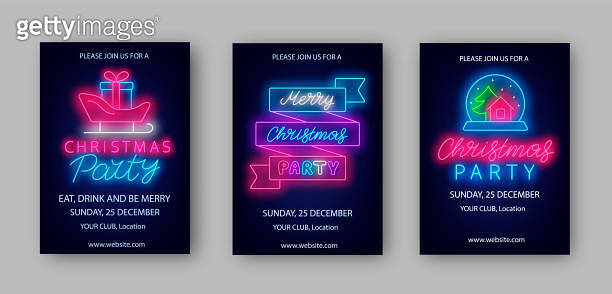 Christmas party neon poster collection. Happy New Year celebration ...