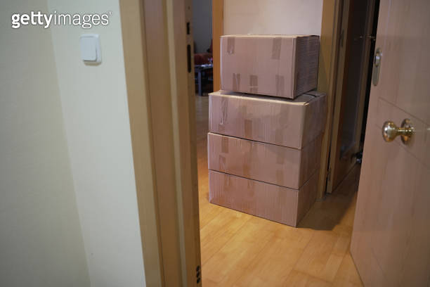 Boxes stacked for moving in the entrance hallway of a house with the ...