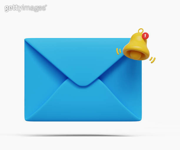 3D mail reminder concept. Business e-mail notice. Envelope with bell ...