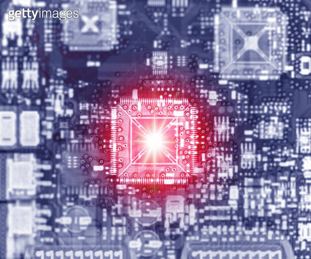X-ray of The CPU on Circuit board. Blue abstract technology background ...
