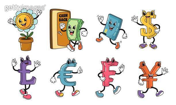 Cartoon finance mascots. Dollar and euro signs, cash back, deposit coin ...