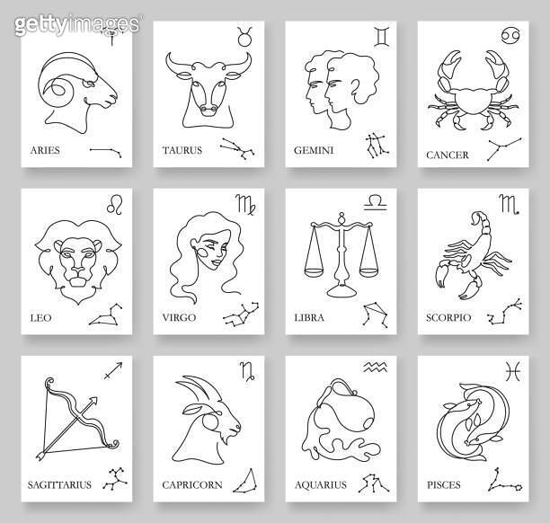Continuous one line zodiac signs. Minimalistic horoscope cards with ...