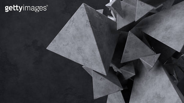 Abstract concrete triangle pyramids on dark concrete background 이미지 ...
