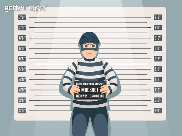 Criminal mugshot. Cartoon thief character in striped outfit, holding ...