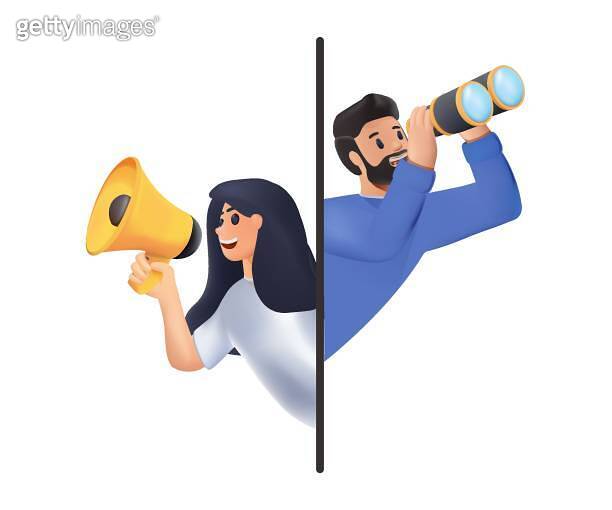 3D Digital business concept. Men and women standing together, holding ...