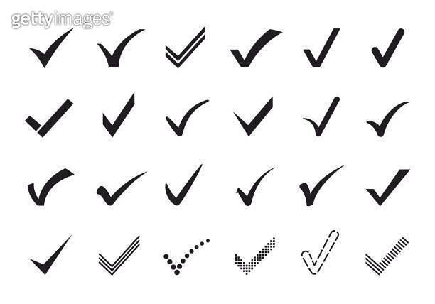 Check mark icons. Verification and approval marks, correct answer sign ...
