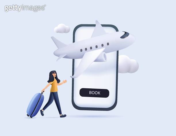 3D Travel online booking service app on smartphone. Internet e-commerce ...