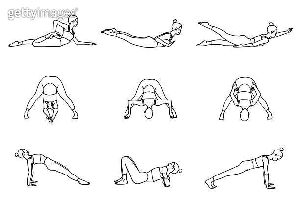 Female yoga poses set in outline style. 이미지 (1465989309) - 게티이미지뱅크