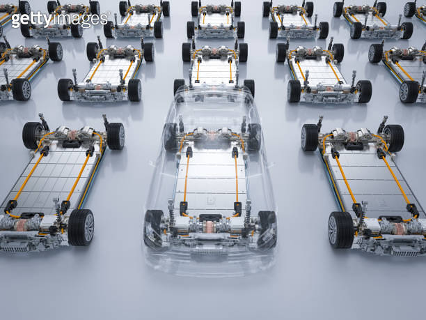 Electric cars assembly line with pack of battery cells module on ...
