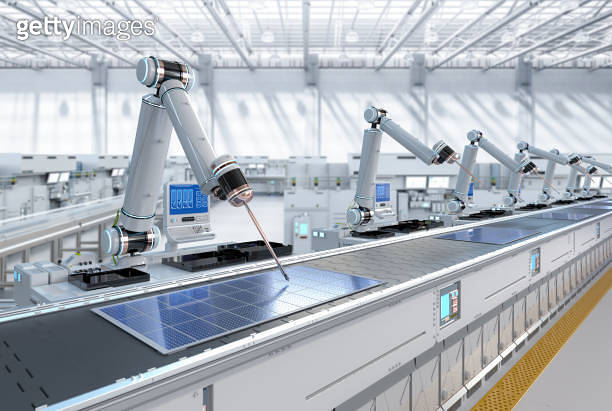 Automation industry with robot assembly line in solar panel factory 이미지 ...