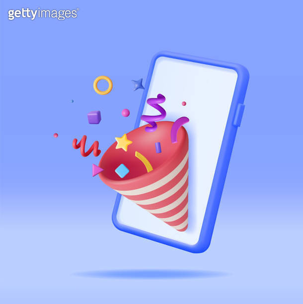 3D Party Popper with Confetti on Mobile Phone 이미지 (1457339665) - 게티이미지뱅크