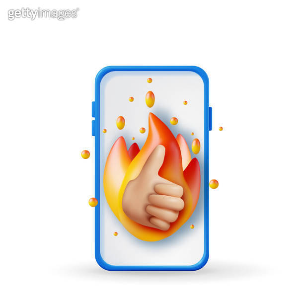 3D Thumbs Up Hand Gesture in Fire in Phone 이미지 (1824516722) - 게티이미지뱅크
