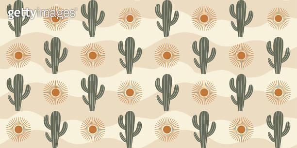 Seamless pattern of cacti with sun, sunny desert. Vector illustration ...