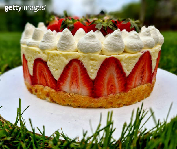Fraisier cake, French strawberry cake, consists of buttery sponge ...