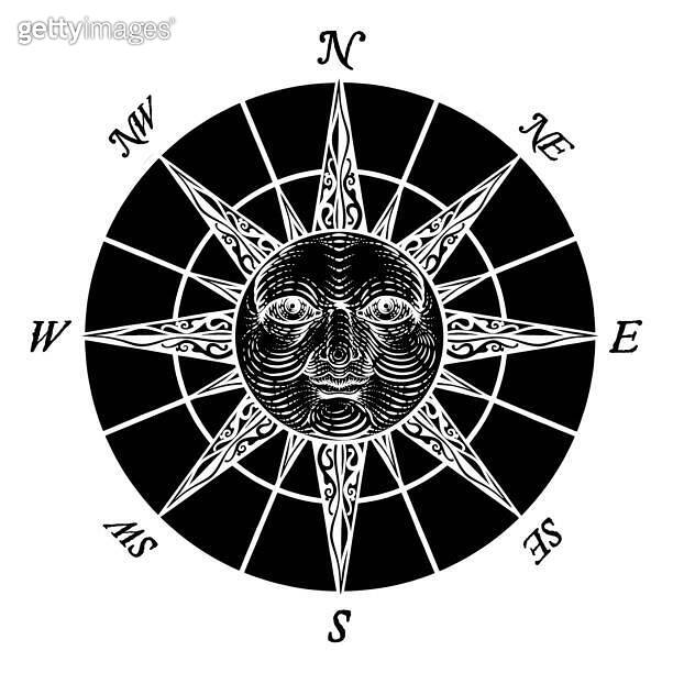 Compass Sun Face Etching Rose Woodcut Drawing (1582531735) 일러스트, 무료 ...