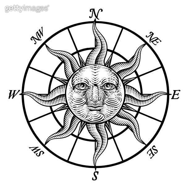 Compass Sun Face Etching Rose Woodcut Drawing 이미지 (1550407484) - 게티이미지뱅크