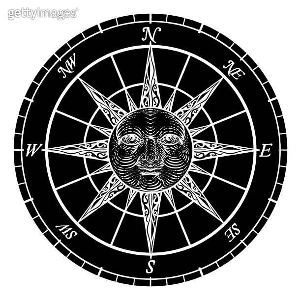 Compass Sun Face Etching Rose Woodcut Drawing (1488158883) 일러스트, 무료 ...