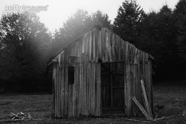 Dilapidated old wooden hut ruins in a foggy morning 이미지 (1571584758 ...