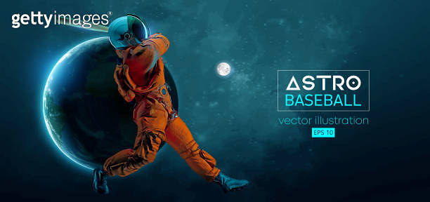 Baseball player astronaut in space action and Earth, Moon planets on ...