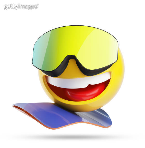 Smiling cool emoji with snowboard. Emojis icons with facial expression ...