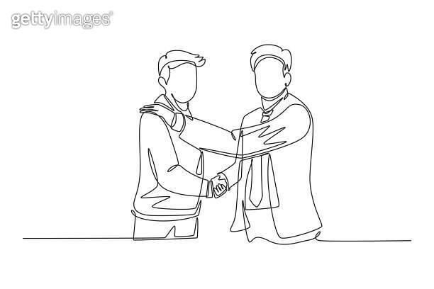 Continuous one line drawing front view businessmen handshaking his ...