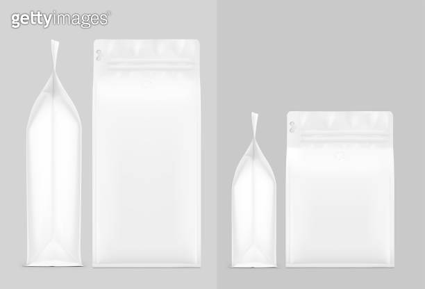 Realistic coffee bag with de-gassing valve mockup set. Vector ...