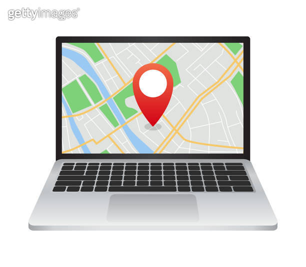 Realistic laptop and GPS navigation on screen. Location track. Vector ...
