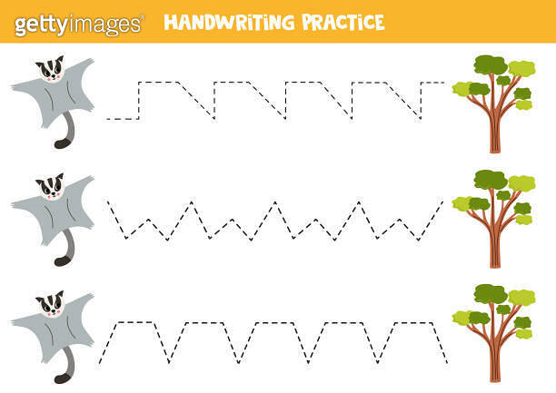 Tracing lines for kids. Cute sugar glider and tree. Handwriting ...