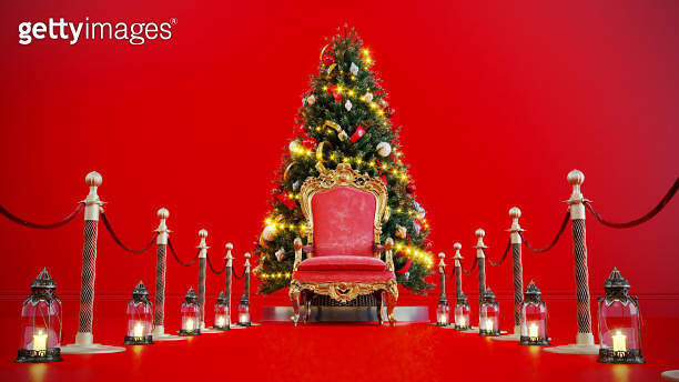 christmas tree on red background with armchair throne and golden ...