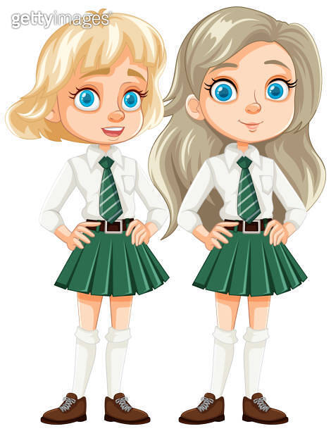 Two Cute Female Friends in School Uniform Cartoon 이미지 (1783281575) - 게티 ...