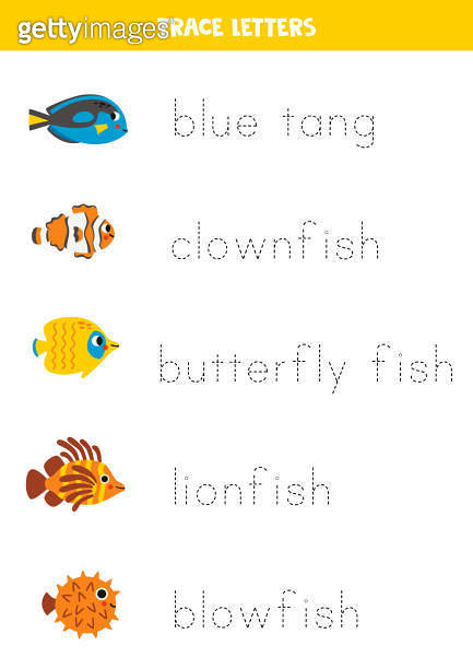 Tracing letters with cute reef fish. Writing practice. 이미지 (1465193924 ...