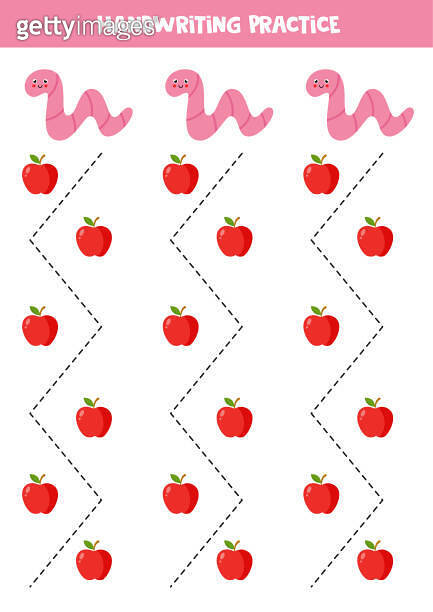 Tracing lines for kids. Cute worms and red apples. Handwriting practice ...