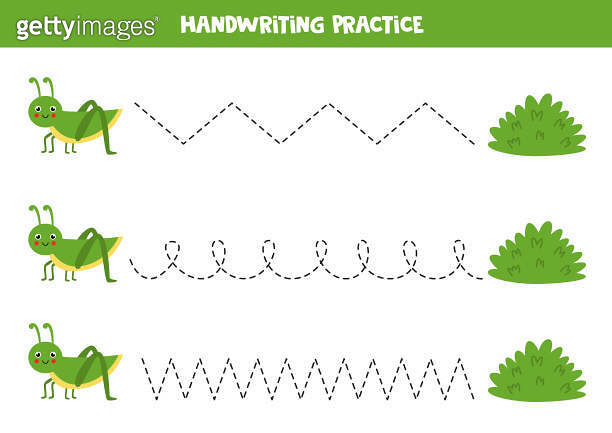 Tracing contours for kids. Cute grasshopper and bush. Handwriting ...