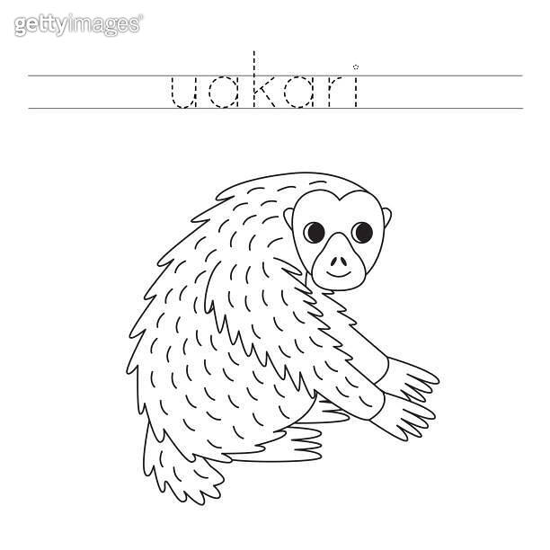Trace the letters and color cartoon uakari. Handwriting practice for ...