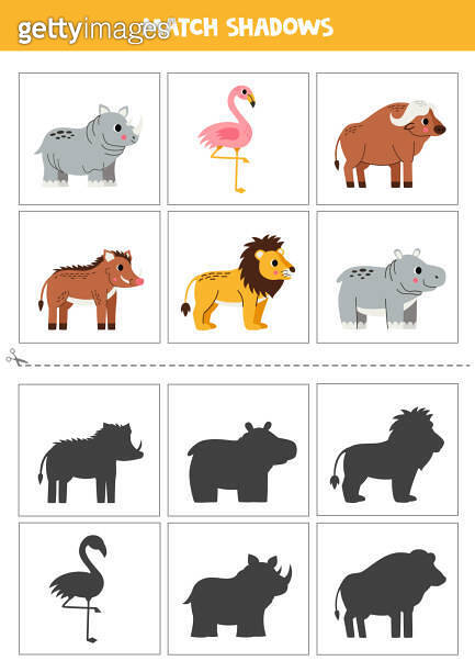 Find shadows of cute African animals. Cards for kids. (1535519164) - 게티 ...