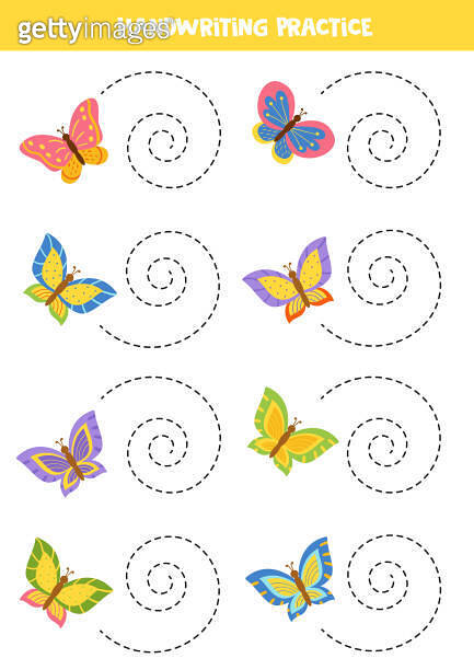 Tracing lines for kids with colorful butterflies. Handwriting practice ...