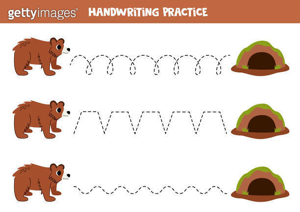 Tracing lines for kids. Cute cartoon bear and its den. Handwriting ...