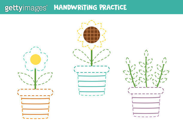 Tracing contours for kids. Cute cartoon flowers in pots. Handwriting ...