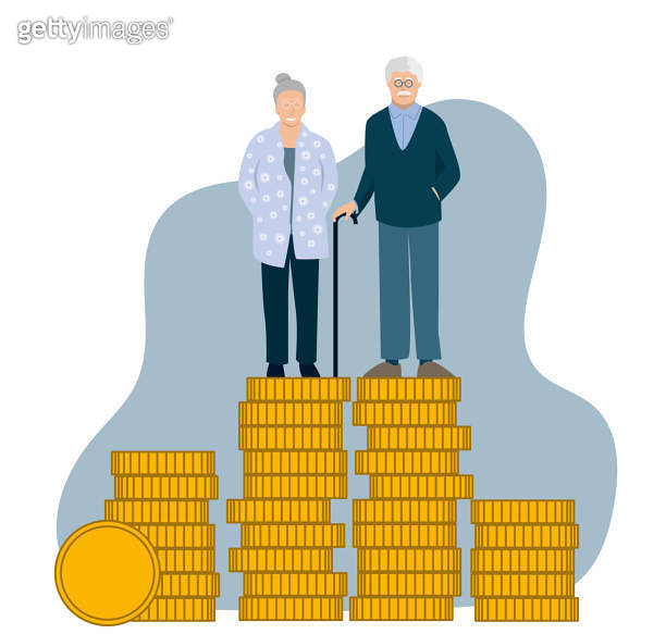 Vector illustration showing a retired couple standing on a pile of ...