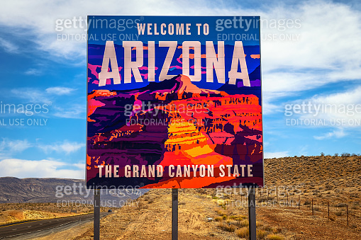 Welcome to Arizona State Sign situated along I-15 at the border with ...