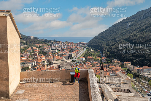 Elevated view of the coastal town from the Forte San Giovanni (17th ...