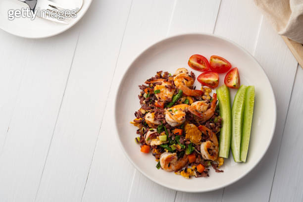 Healthy fried riceberry rice (brown jasmine rice) with shrimp and kale ...