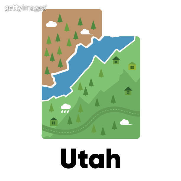 Utah map shape of states cartoon style with forest tree and river ...